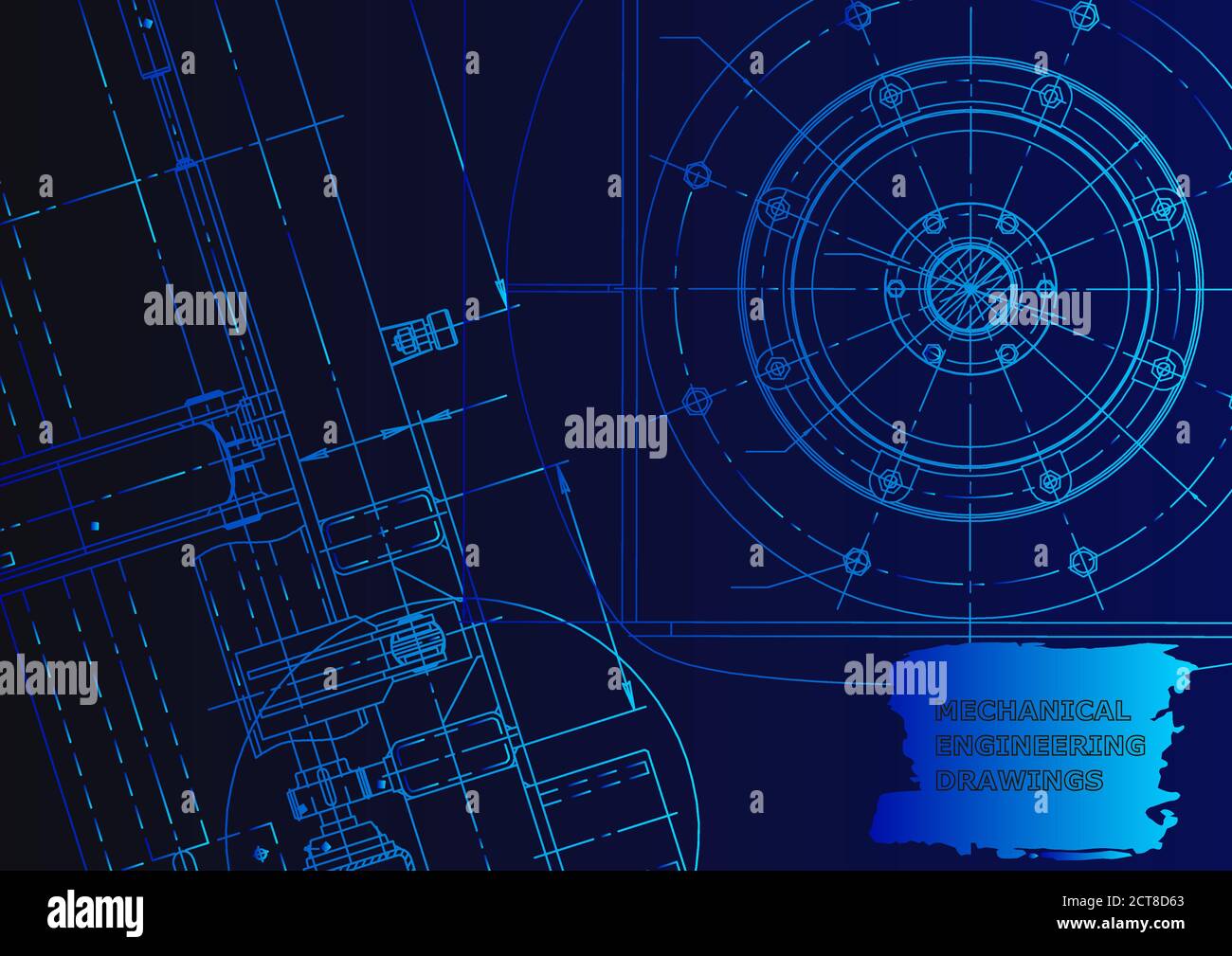 Vector banner. Engineering drawings. Mechanical instrument making. Blue ...