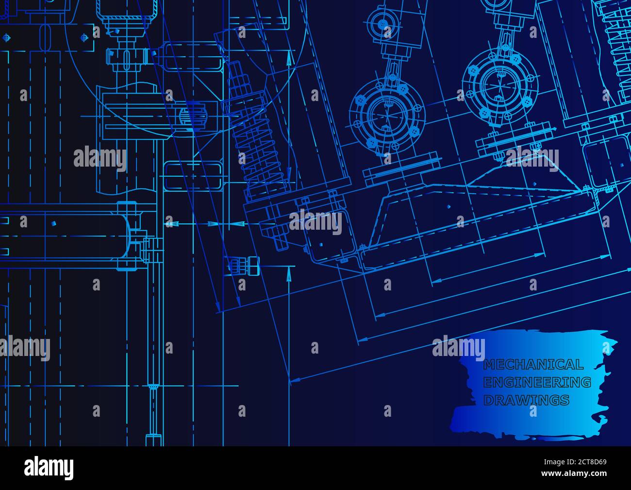 Machine-building industry. Mechanical engineering drawing. Blue neon ...