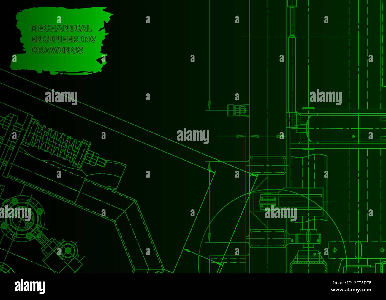 Machine-building industry. Mechanical engineering drawing Green neon ...