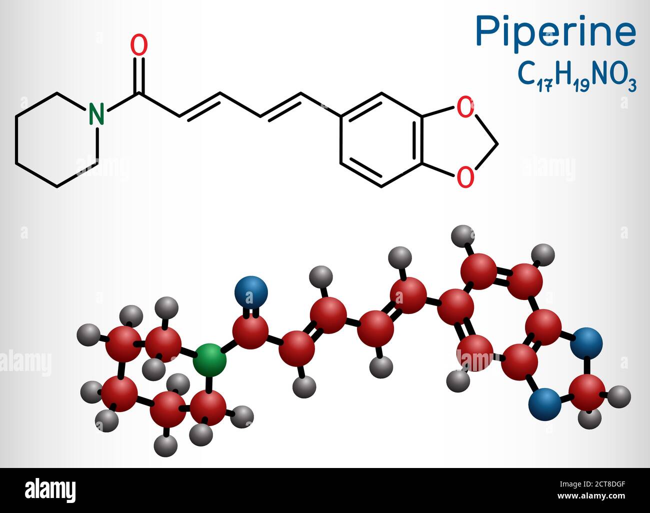 Piperine, C17H19NO3 molecule. It is alkaloid isolated from the plant ...