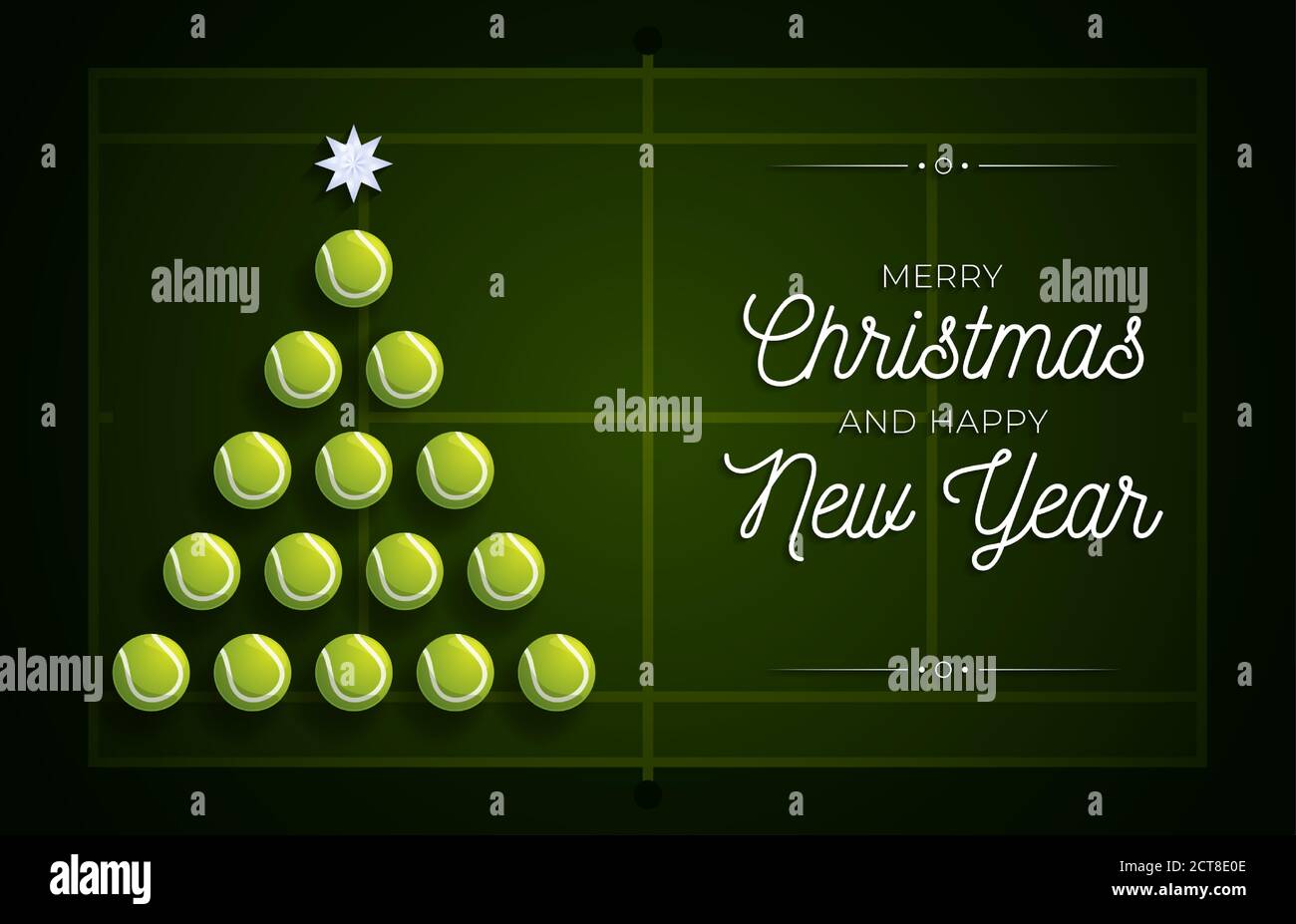 Christmas and new year greeting card. Creative Xmas tree made by tennis ...