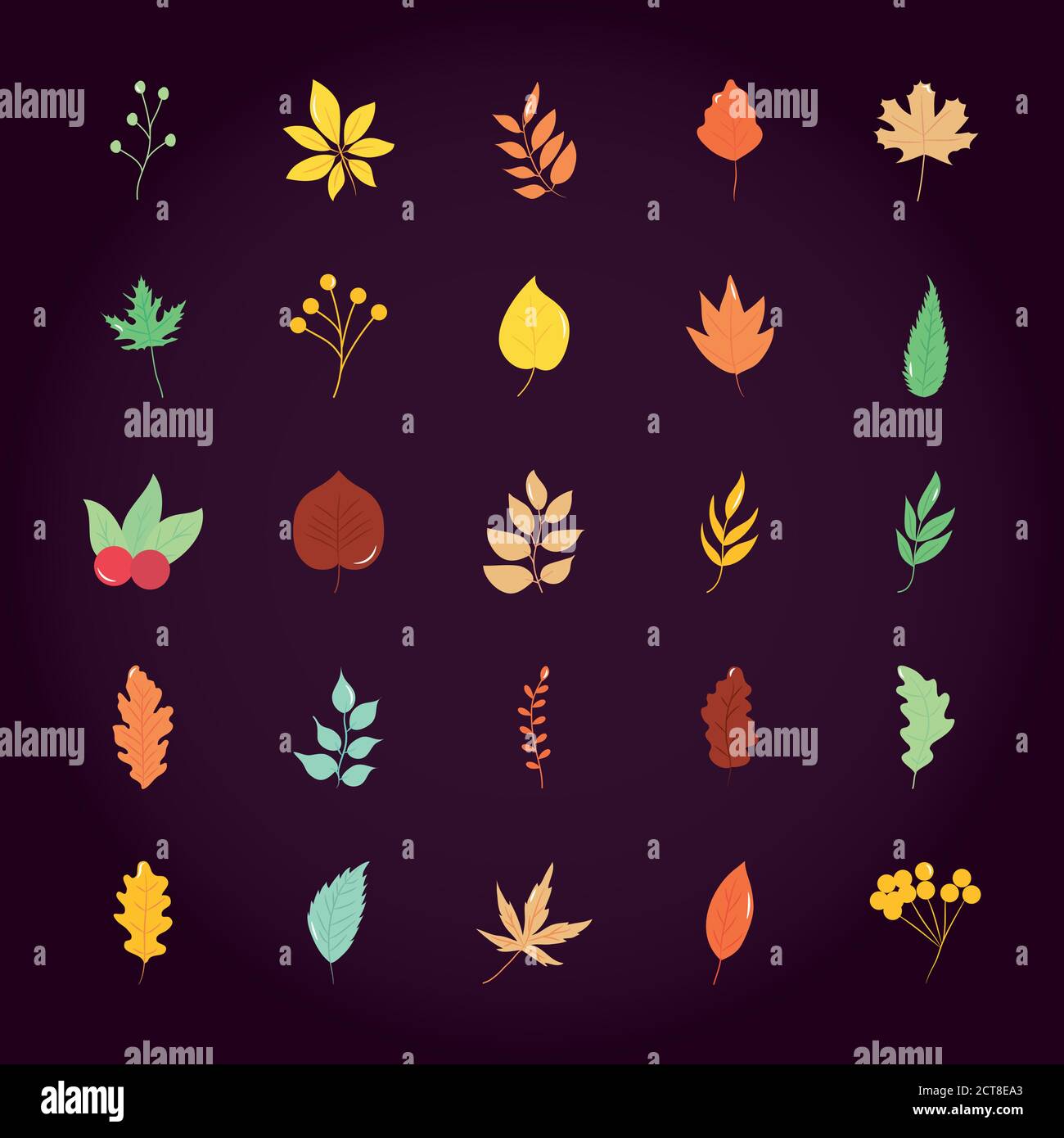dry leaves and autumn leaves icon set over purple background, flat ...