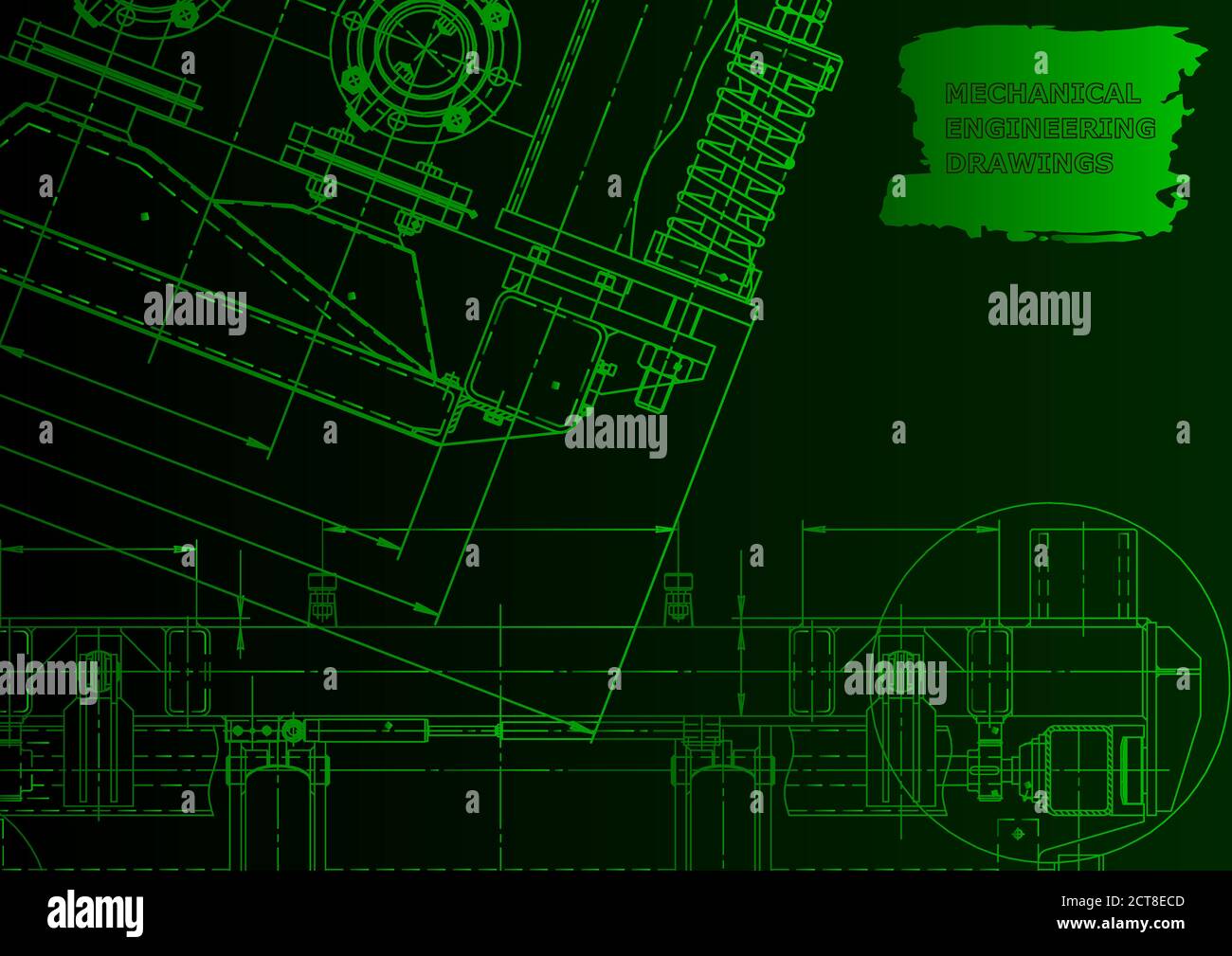 Machine-building industry. Green neon. Mechanical engineering drawing ...