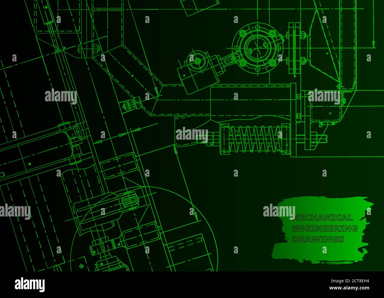 Vector engineering drawing. Mechanical instrument making. Green neon ...