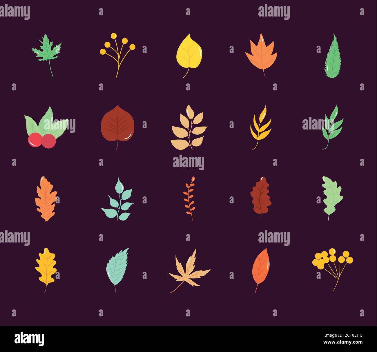 berries and autumn leaves icon set over purple background, flat style ...