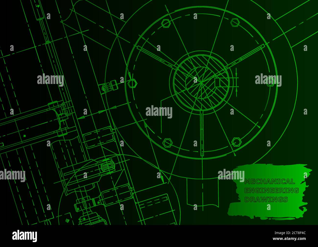 Vector banner. Engineering drawing. Mechanical instrument making. Green ...