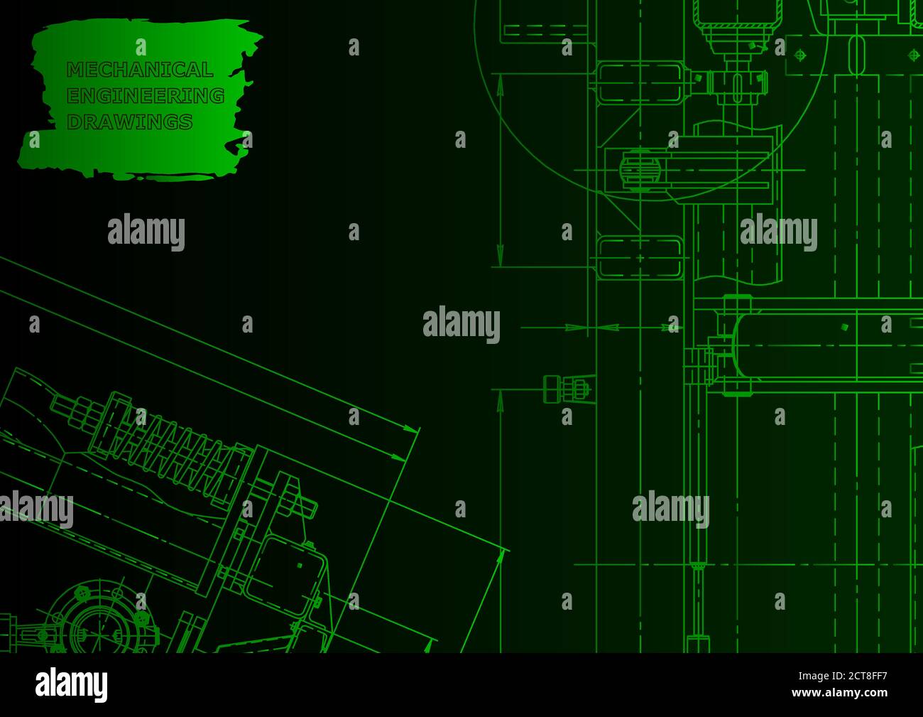 Mechanical engineering drawing. Green neon. Instrument-making drawing ...