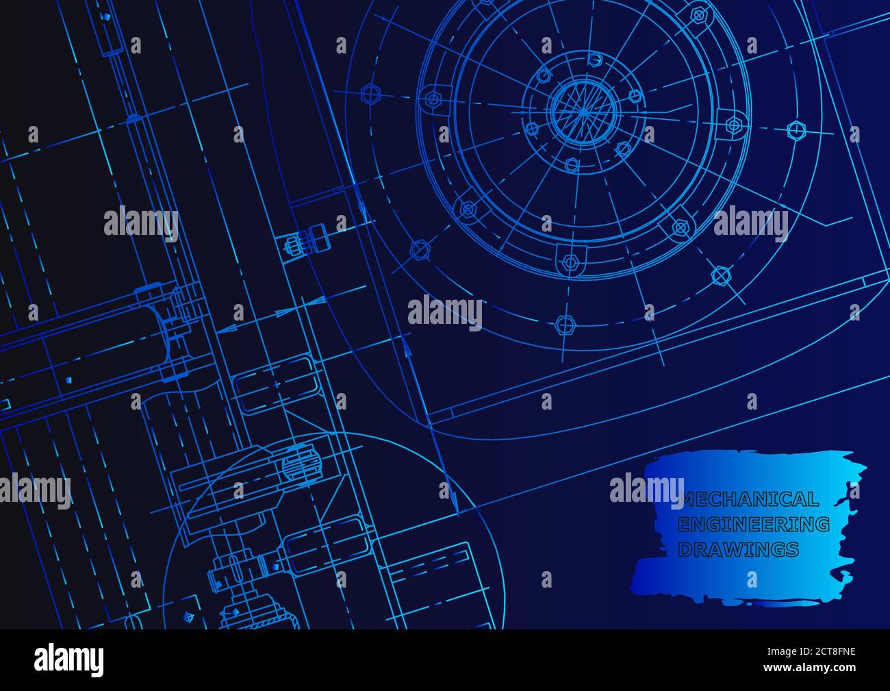 Vector banner. Engineering drawings. Mechanical instrument making. Blue ...