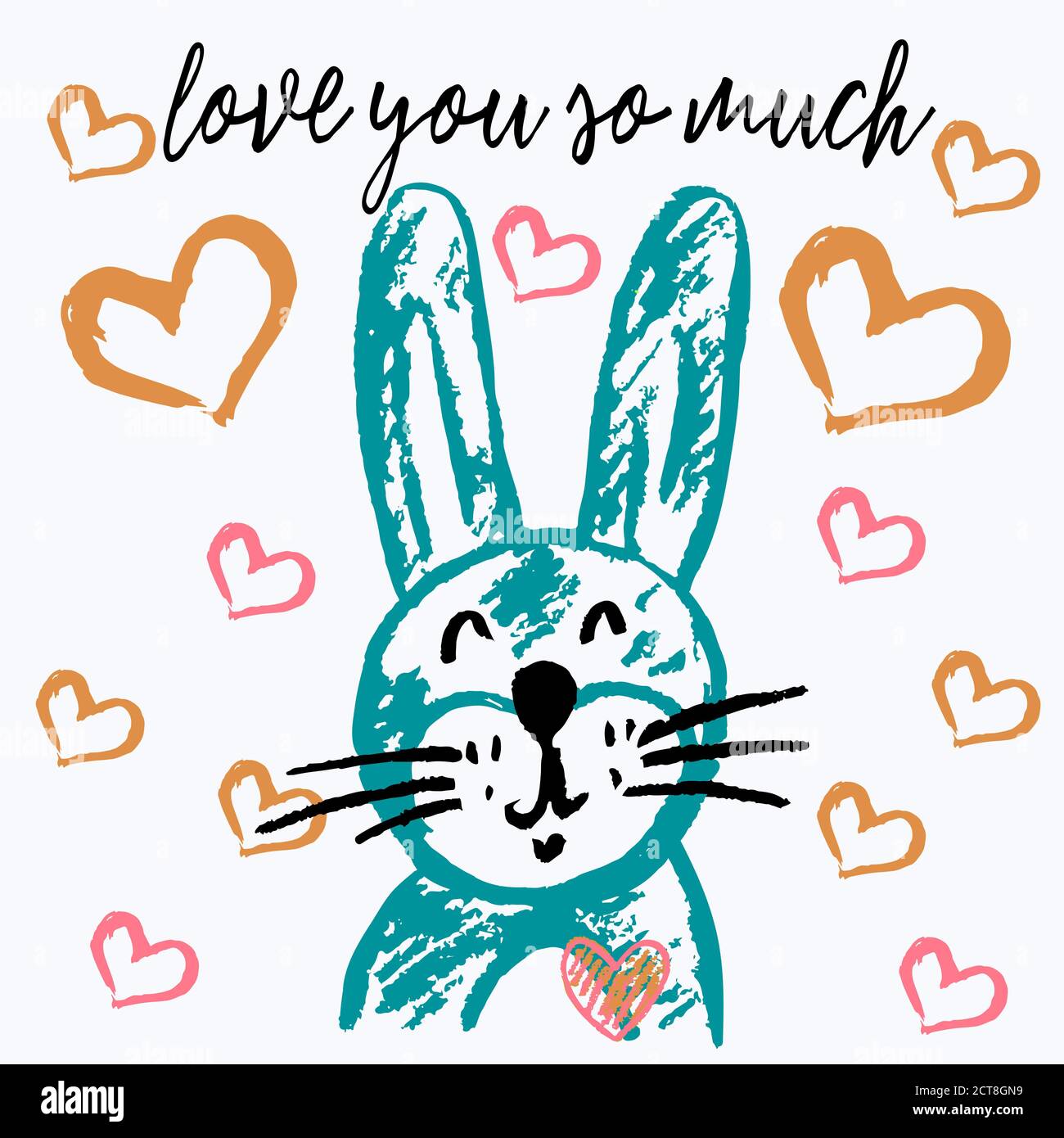 Cute illustration, postcard. Valentine's Day. I love you so much. Bunny ...