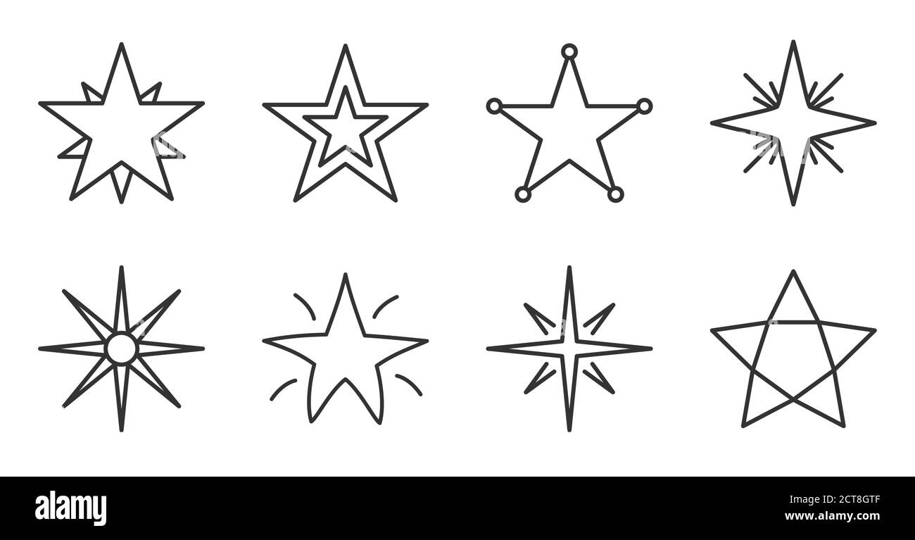 Set of black linear star icons. Simple contour star shape pattern. Line ...