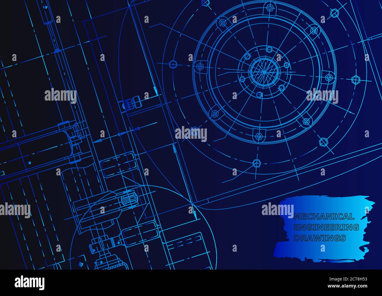 Vector banner. Engineering drawings. Mechanical instrument making. Blue ...