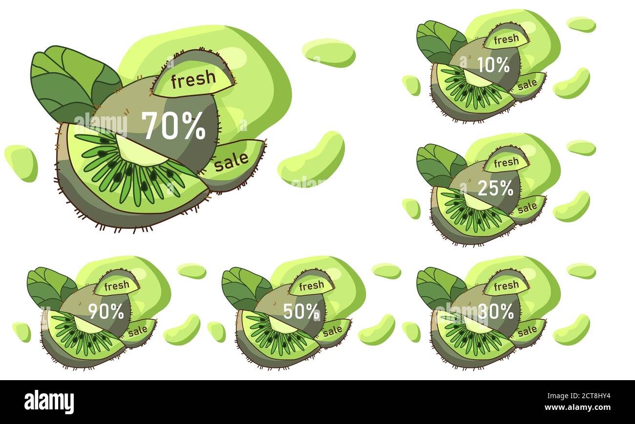 Kiwi fruit sale label sticker set on white isolated backdrop. Discount ...