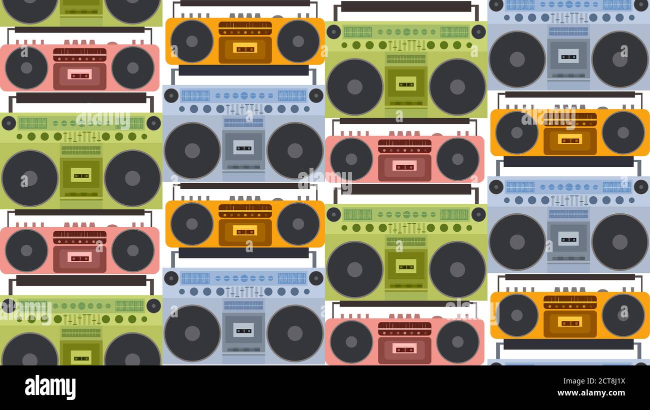 Seamless texture with colored flat old tape recorder, and boombox in a ...