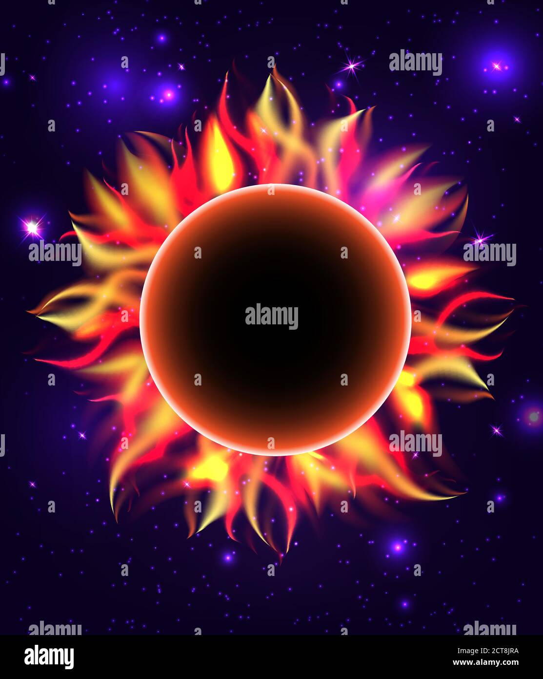 Round fiery frame with stars. Sun with place for text. Planet in ...