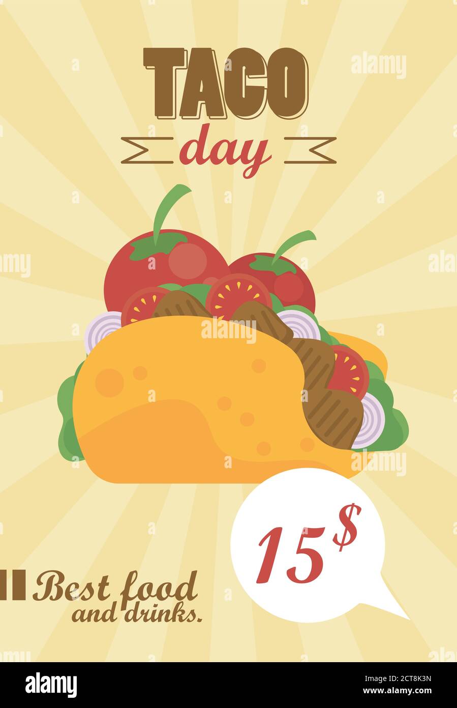 taco day celebration mexican poster with tomatoes and price vector ...