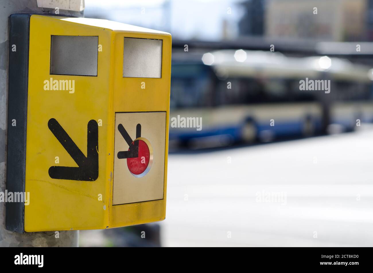 Push Button for Crossing the Street with a Bus Stock Photo - Alamy