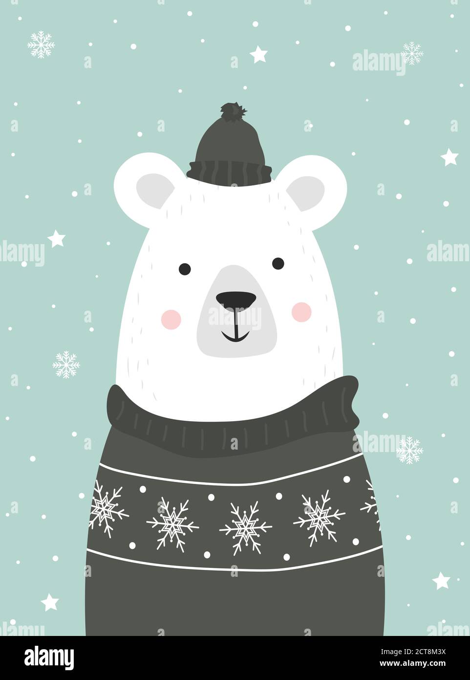 Cute winter smiling white bear with snowflakes. Cartoon zoo. Vector ...
