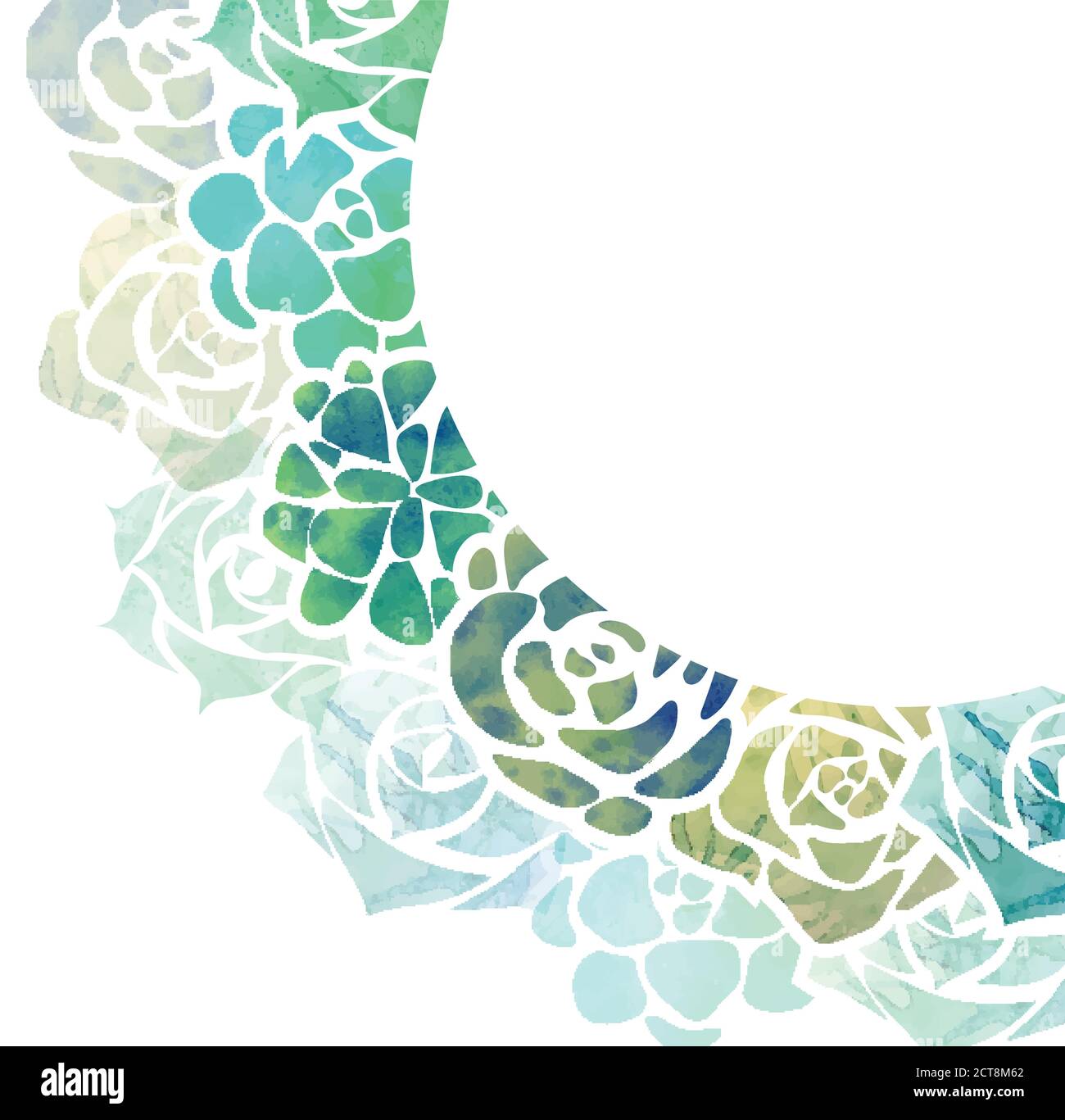 Half round frame of watercolor succulents with a top view on a white ...