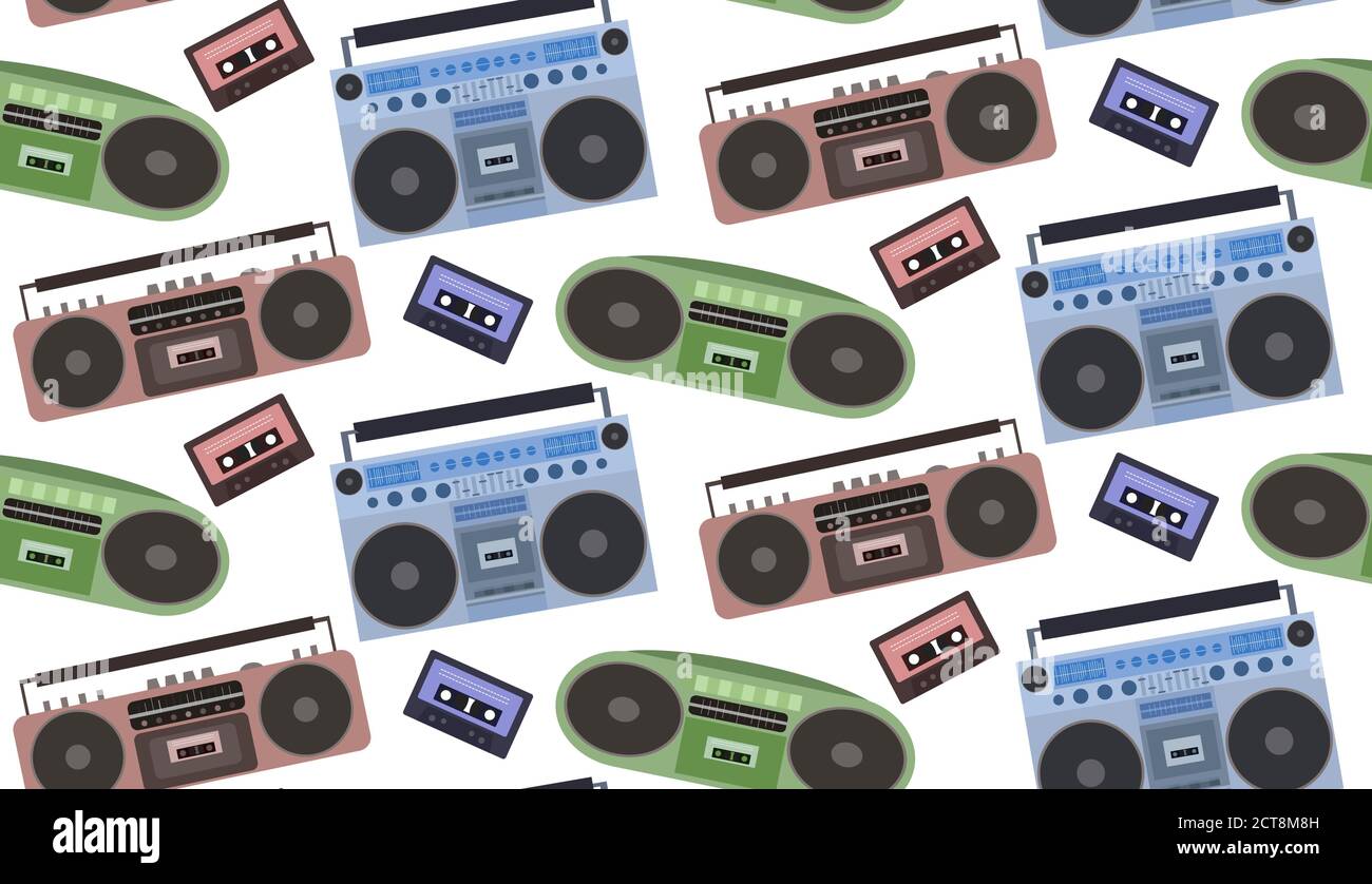 Seamless texture with tape recorders and cassette tapes. Vector ...