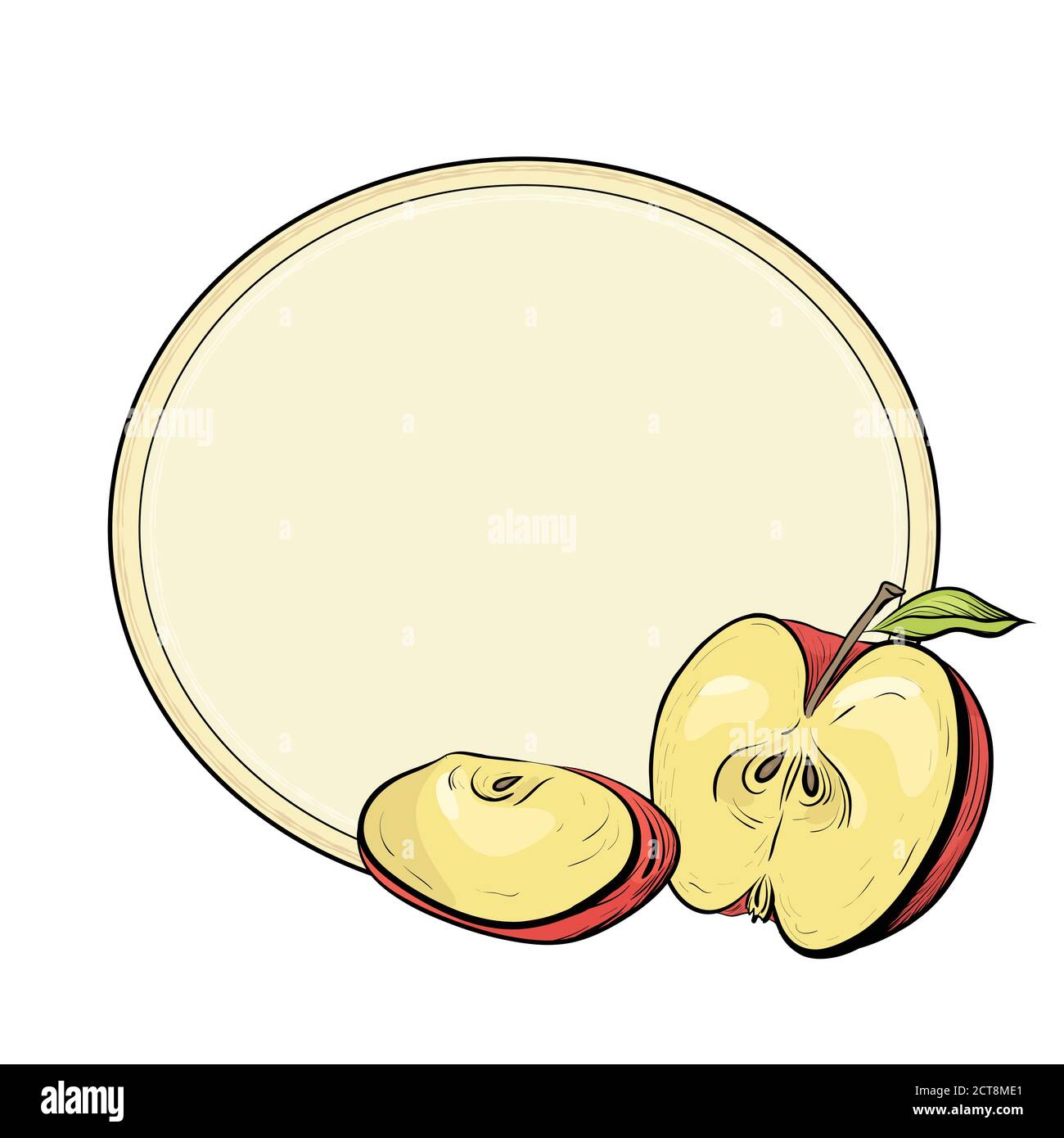 Round frame with color engraved illustration of apples. Hatched drawing ...