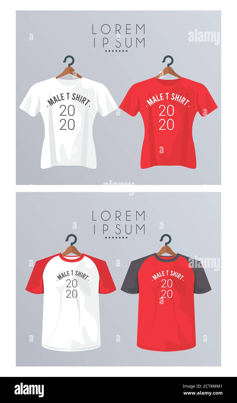 four mockup shirts in clothespins hanging vector illustration design ...