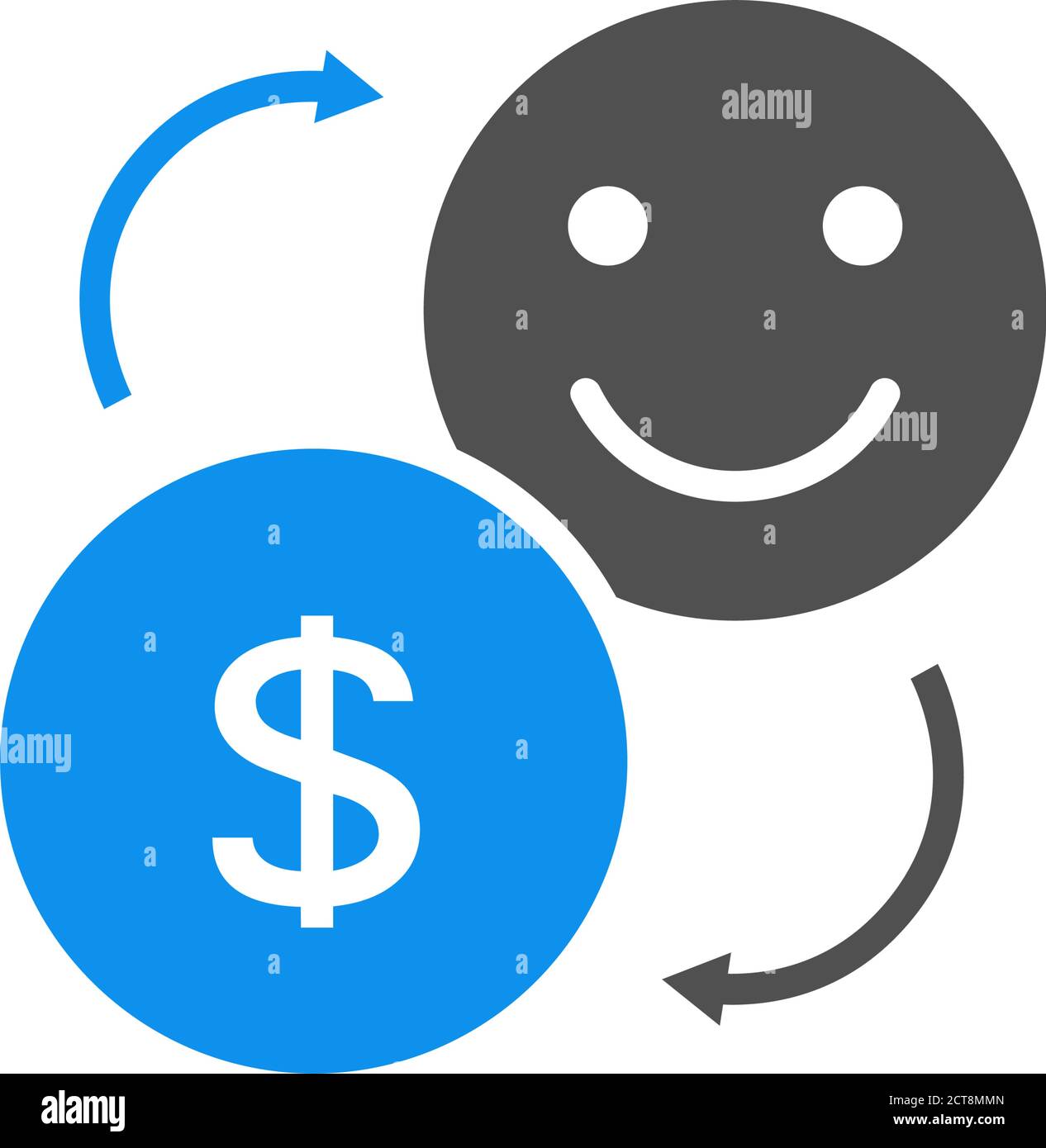 Coin and happy smiley face colored icon. Exchange happiness on money ...