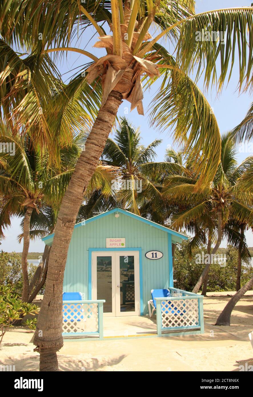 Colorful cabanas along the beach at Princess Cays in the Bahamas Stock ...