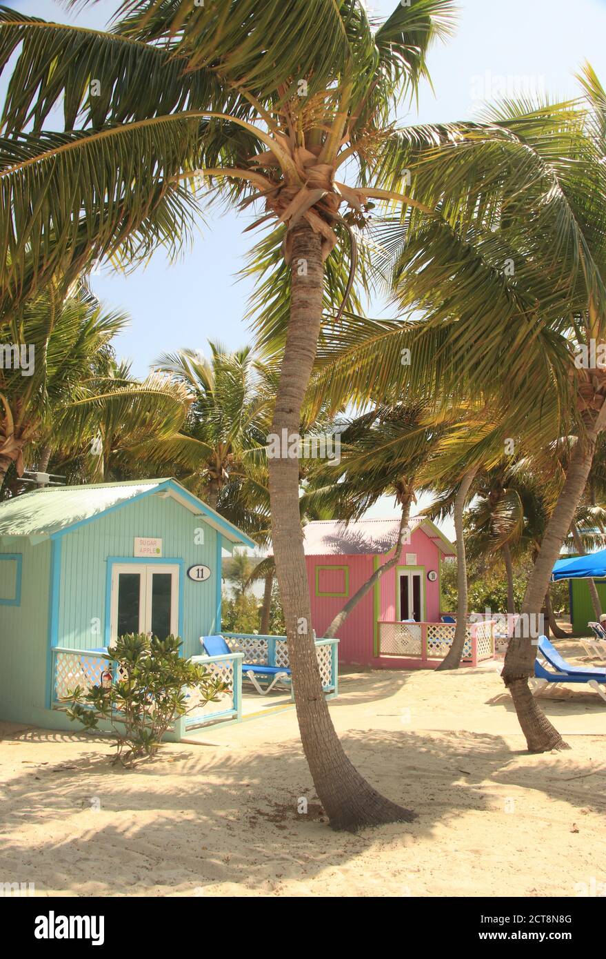 Colorful cabanas along the beach at Princess Cays in the Bahamas Stock ...