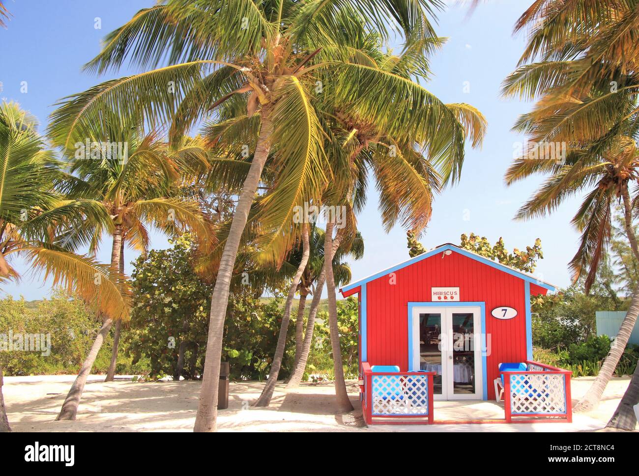 Colorful cabanas along the beach at Princess Cays in the Bahamas Stock ...