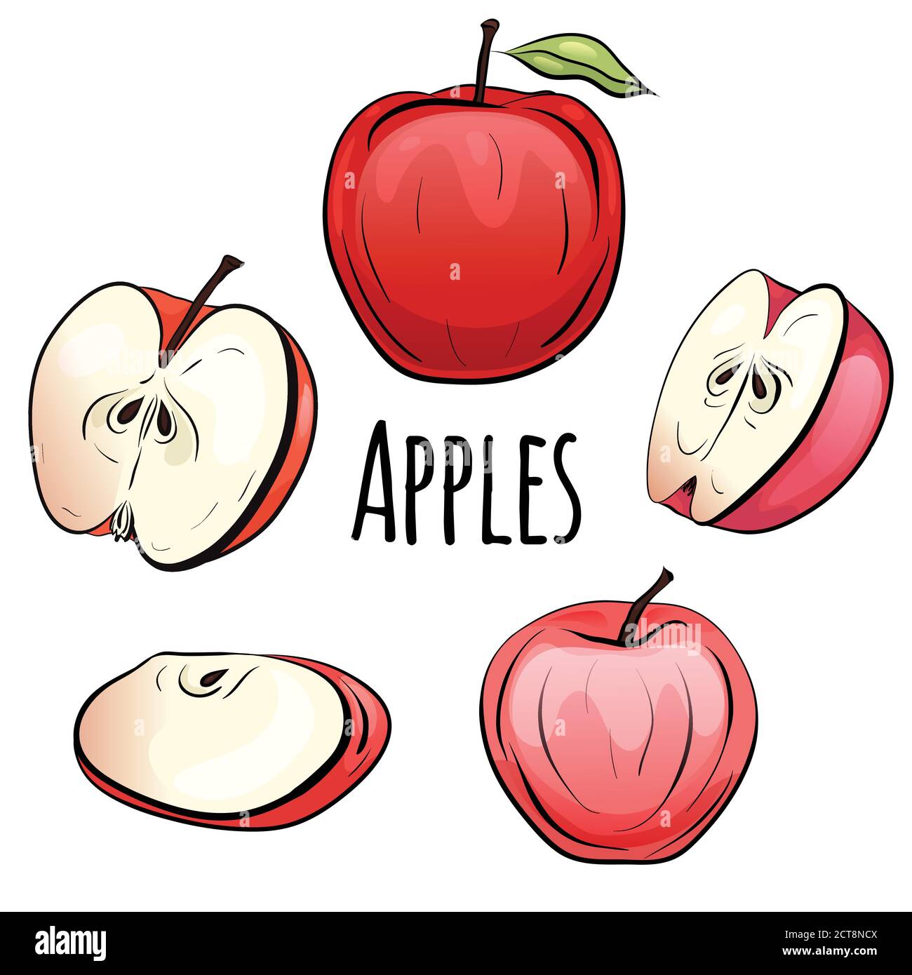 Set of cartoon red apples of different shapes on a white background ...