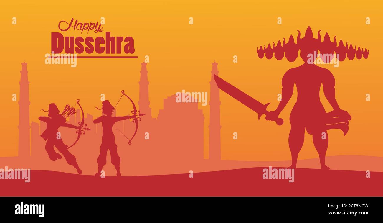 happy dussehra celebration card with gods rama and ravana shadows ...