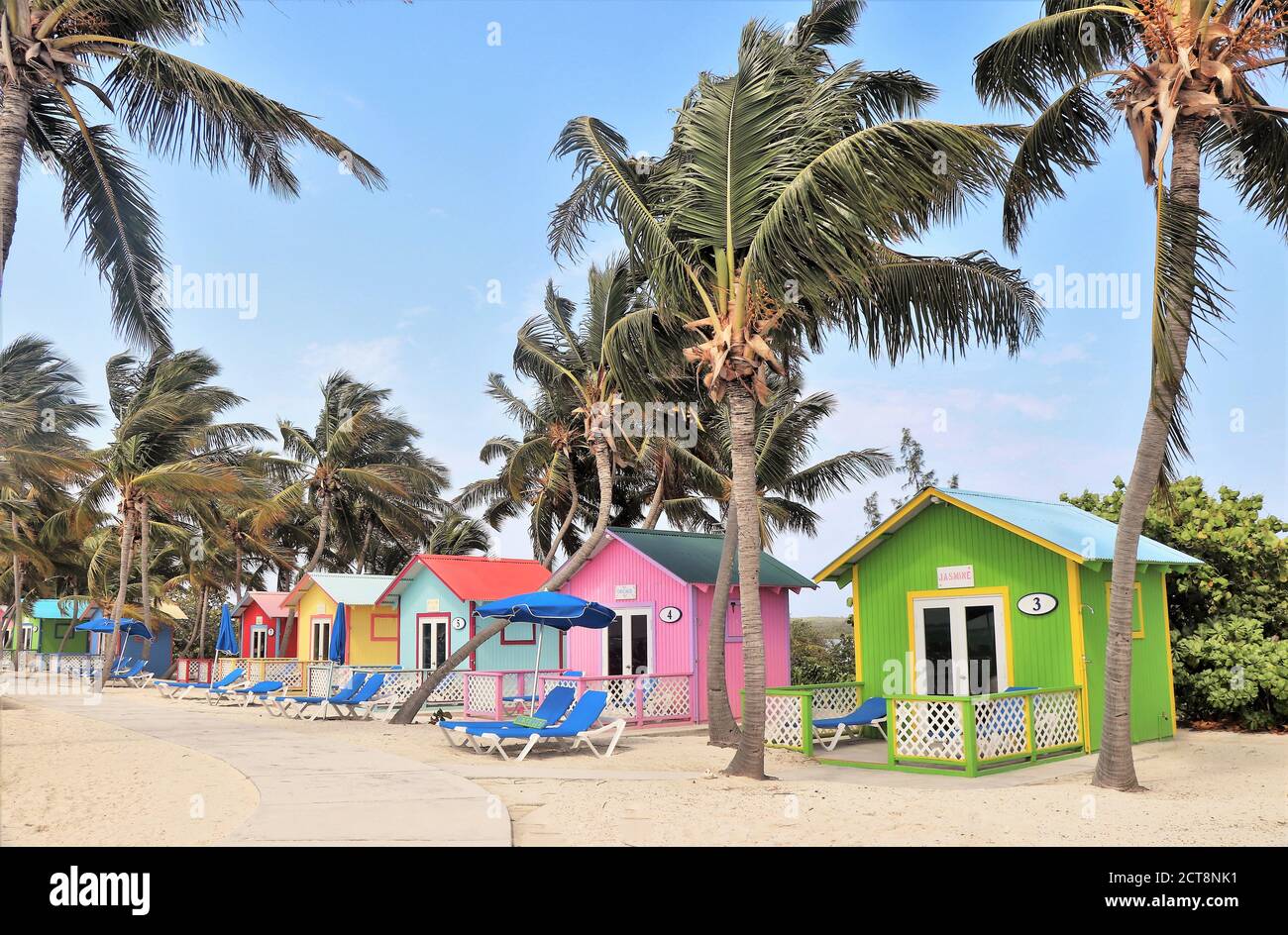 Colorful cabanas and lounge chairs on the beach in Princess Cays Stock ...
