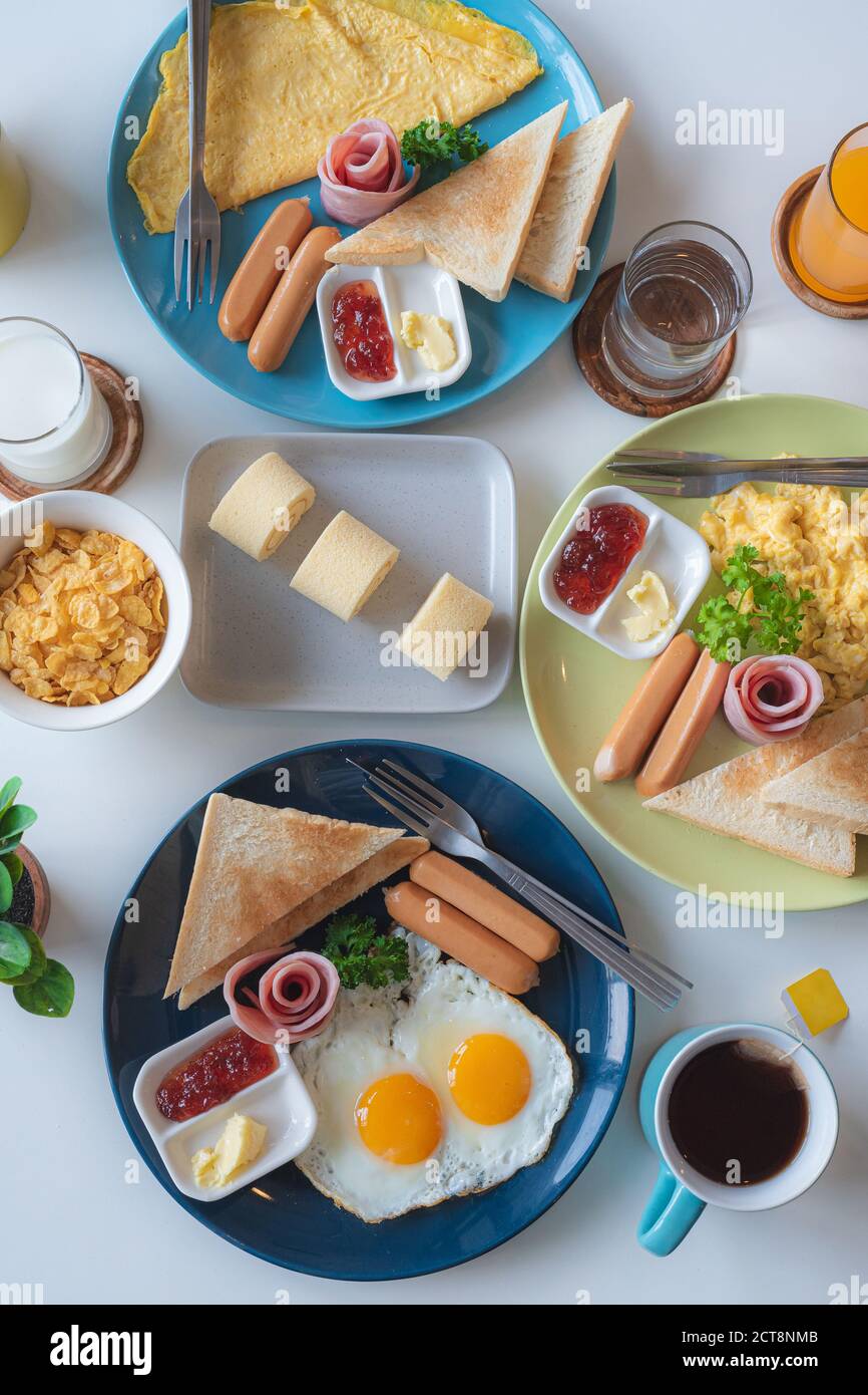 Top view American breakfast table meal Stock Photo - Alamy