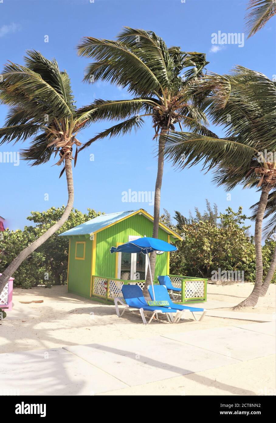Colorful cabanas and lounge chairs on the beach in Princess Cays Stock ...