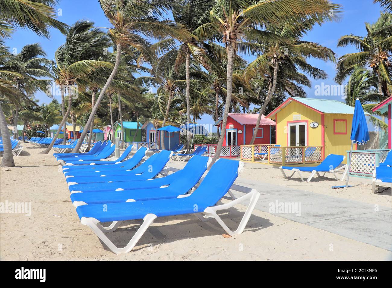 Colorful cabanas and lounge chairs on the beach in Princess Cays Stock ...
