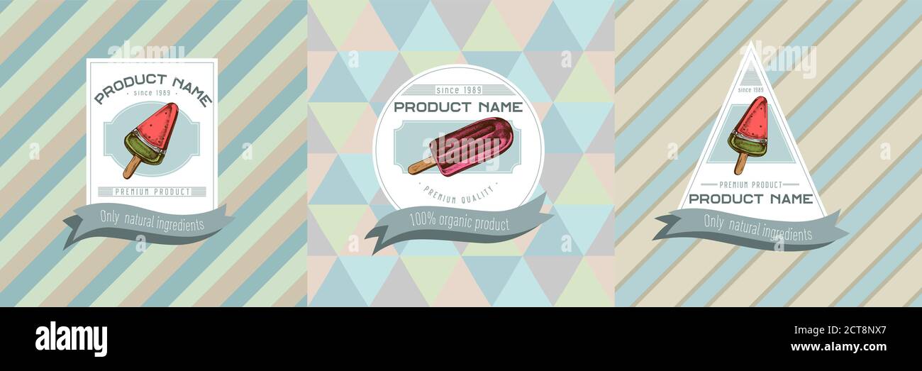 Three colored labels with illustration of popsicle ice cream Stock ...