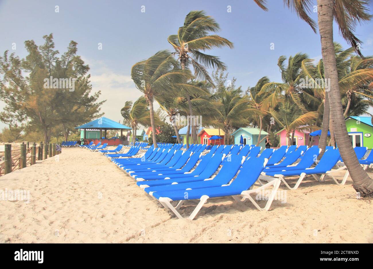 Colorful cabanas and lounge chairs on the beach in Princess Cays Stock ...