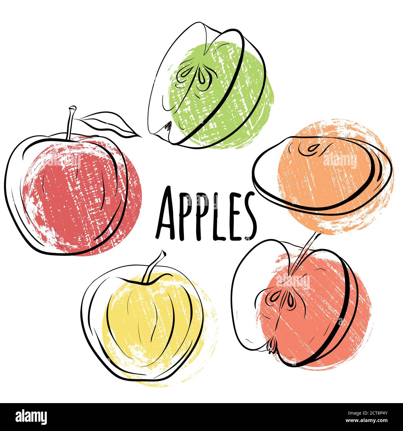 Set of apples of different shapes. Single and halves of apples with ...