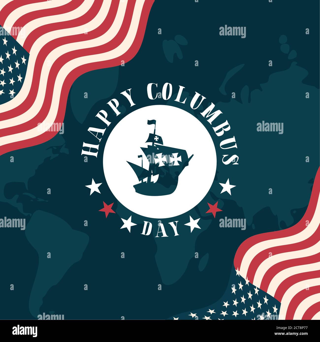 Columbus ship on seal stamp between flags design of happy columbus day ...
