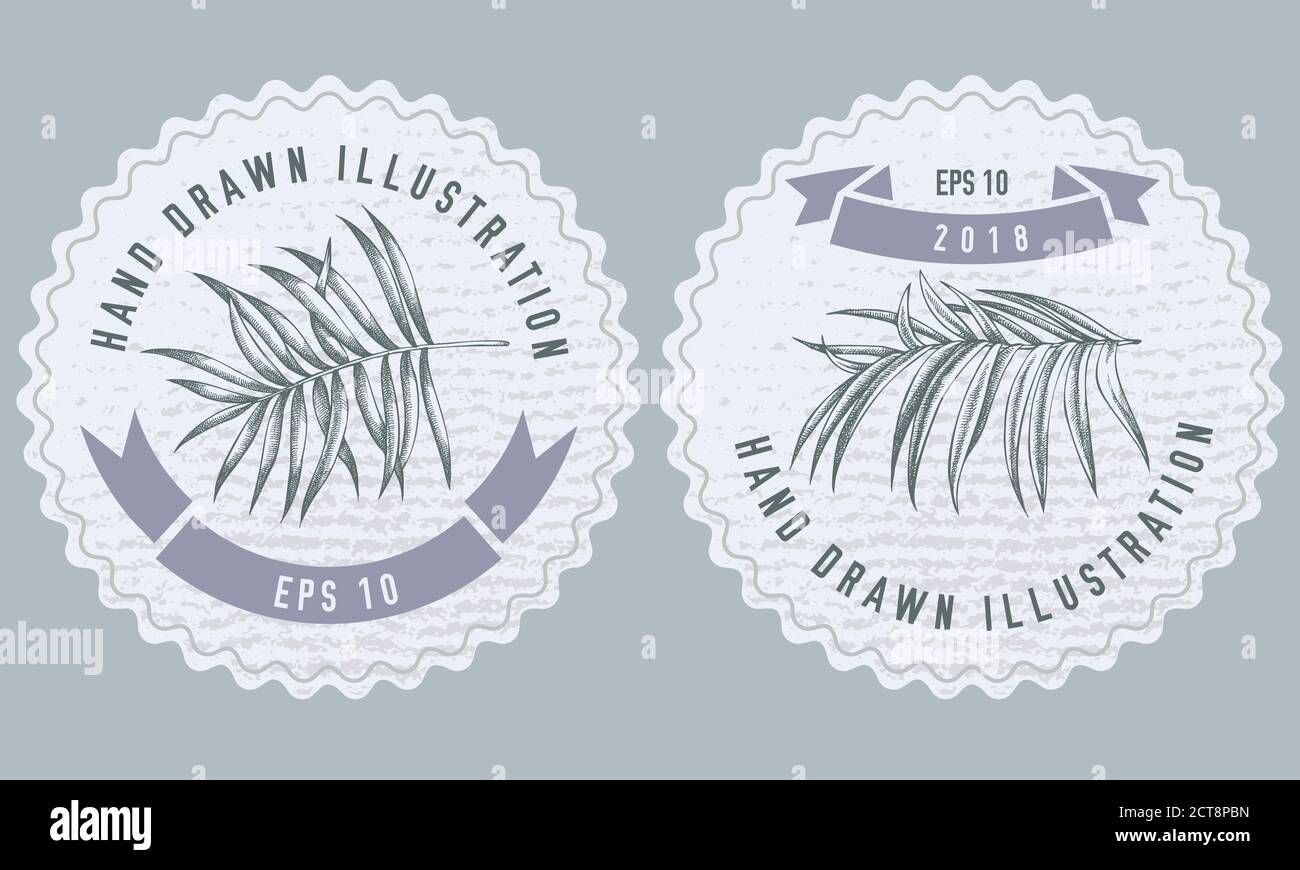 Monochrome labels design with illustration of tropical palm leaves ...