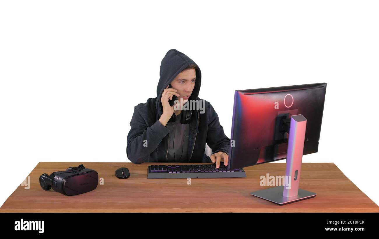 Experienced hacker answers someones call on white background Stock ...