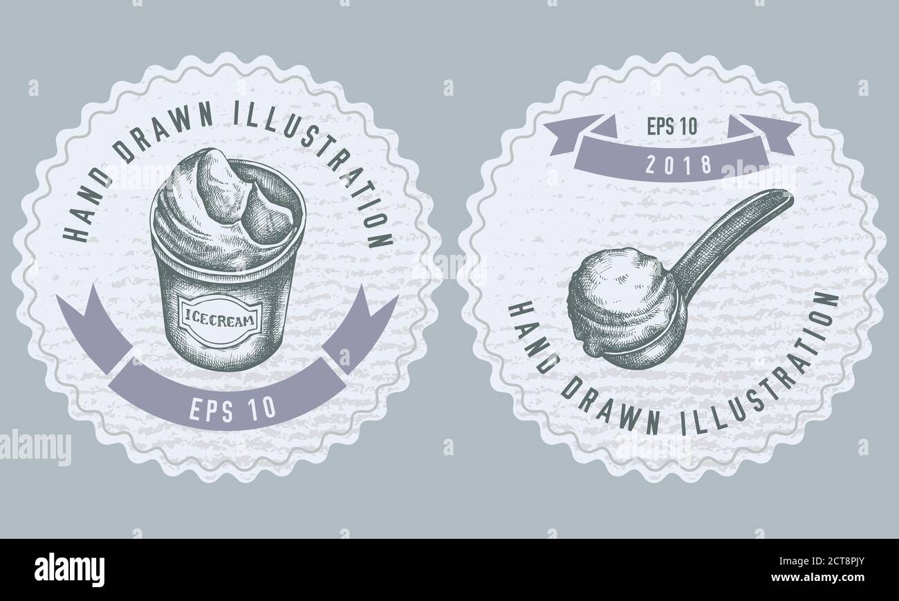 Monochrome labels design with illustration of ice cream bucket, ice ...