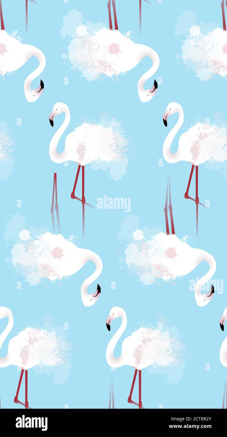 Seamless texture of white flamingos with watercolor splashes on a blue ...