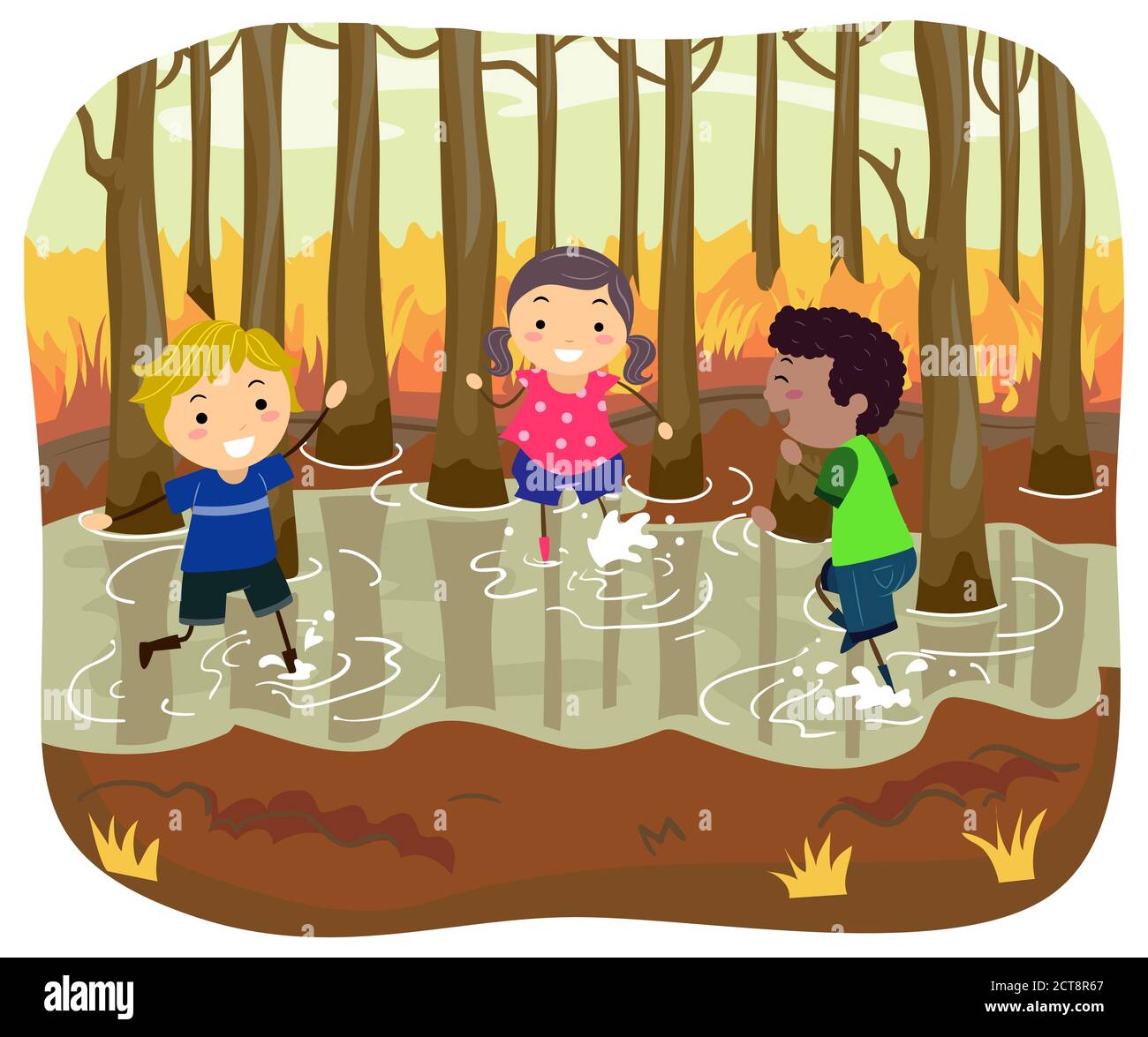 Illustration of Stickman Kids Playing in Swamp During Autumn Stock ...