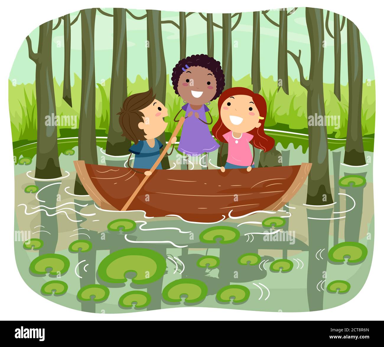Illustration of Stickman Kids Rowing a Boat in a Swamp Stock Photo - Alamy