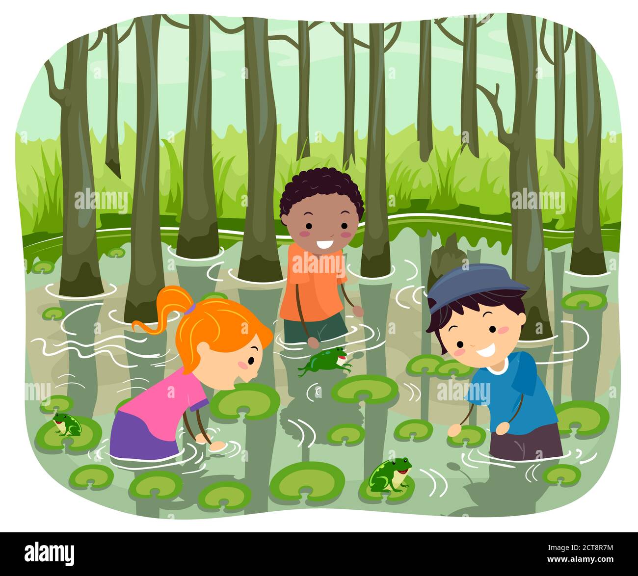 Illustration of Stickman Kids Searching and Picking Frogs in the Swamp ...