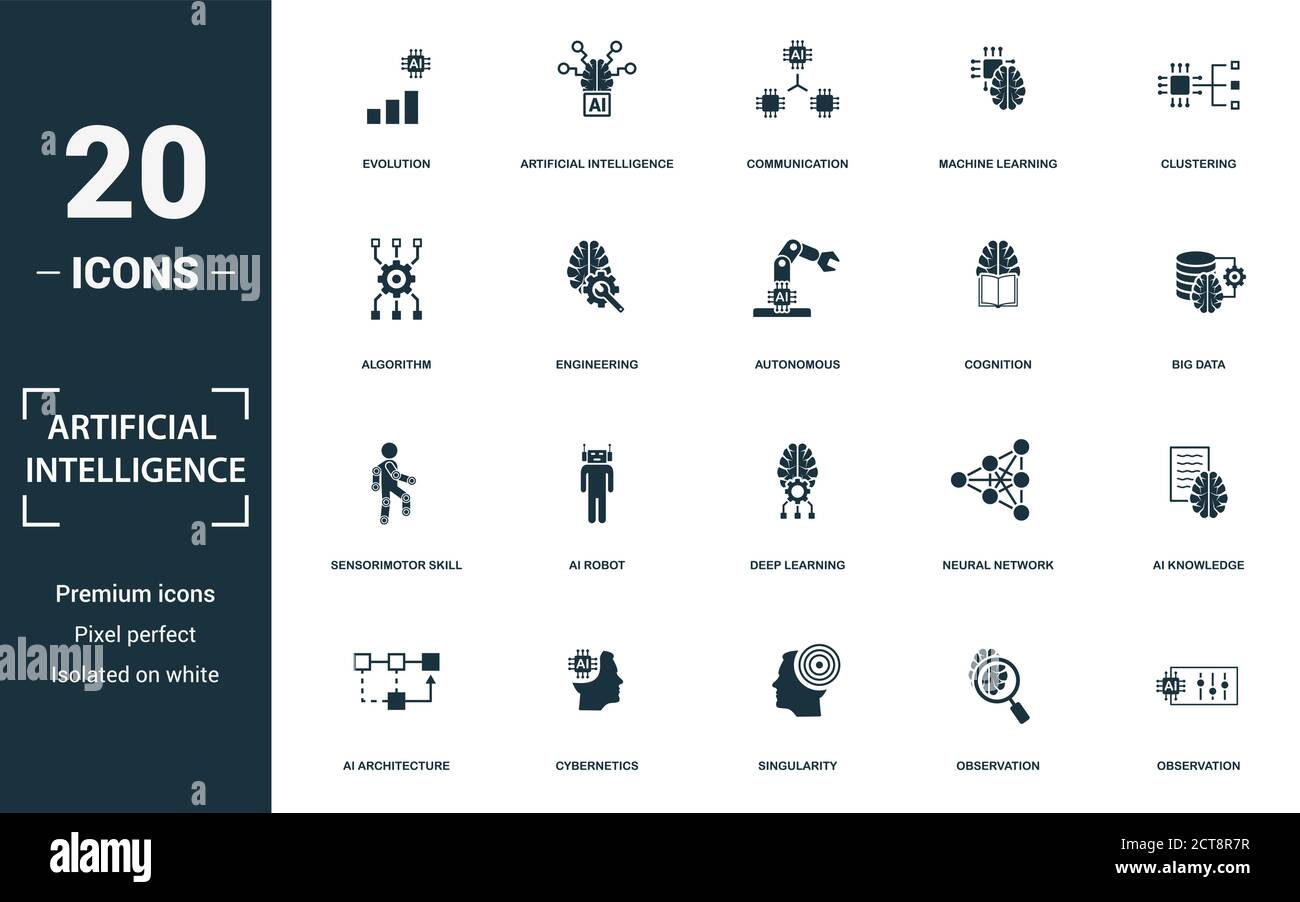 Artificial Intelligence icon set. Monochrome sign collection with evolution, artificial ...