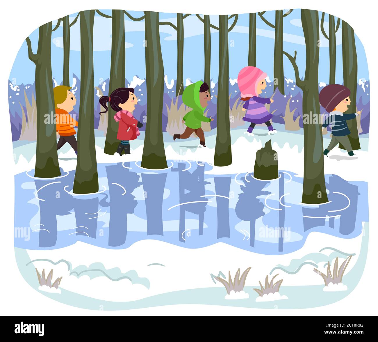 Illustration of Stickman Kids Hiking During Winter Near a Swamp Stock ...