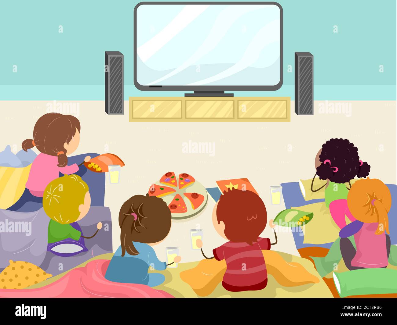 Illustration of Stickman Kids In a Sleep Over and Watching Movie and ...