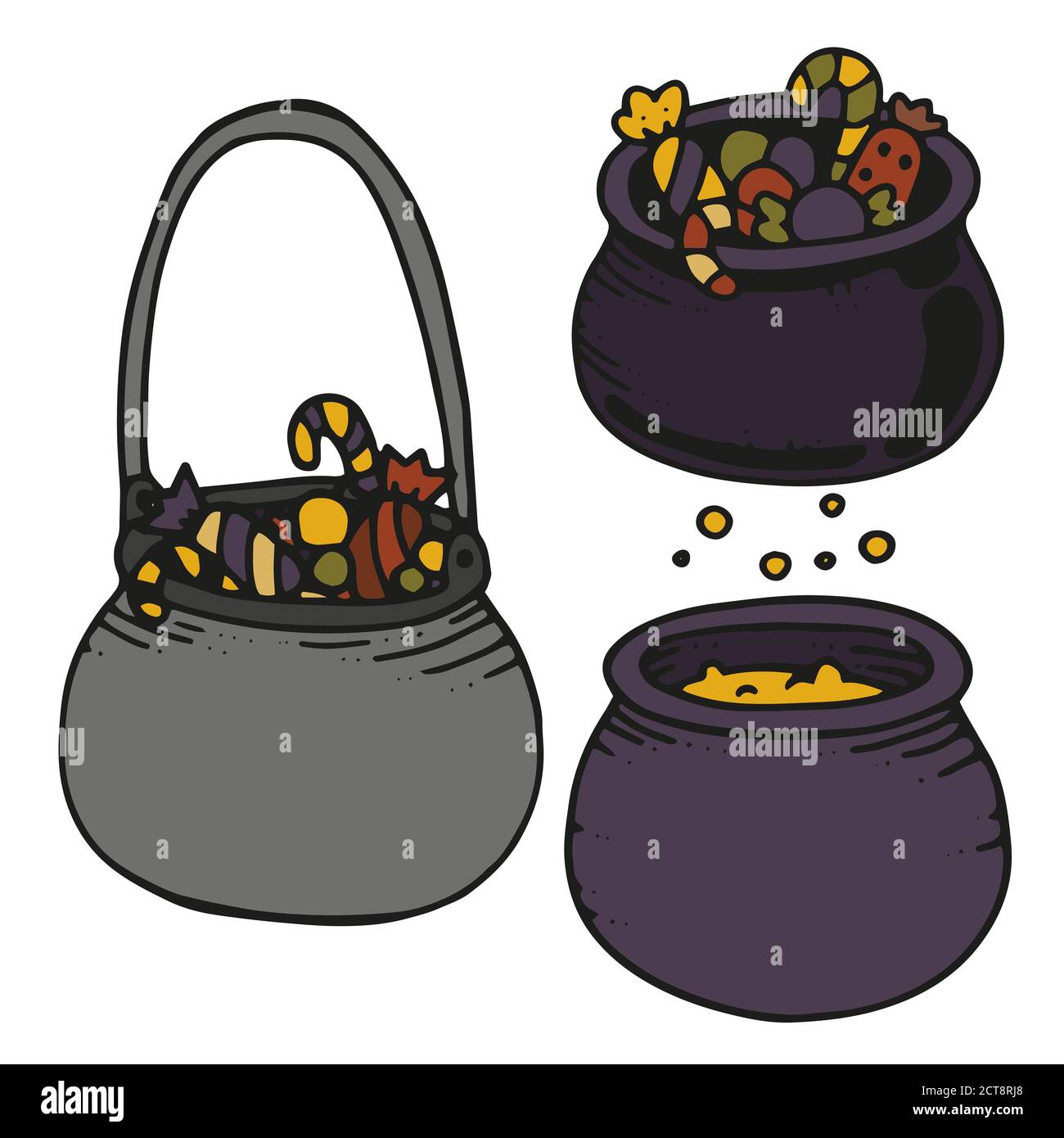 Vector set of halloweens cauldrons with candy. Spooky illustration ...